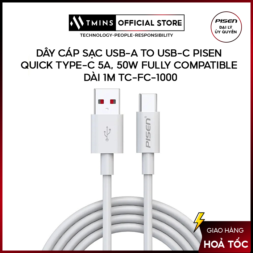 Dây cáp sạc USB-A to USB-C Pisen QUICK Type-C 5A, 50W fully compatible dài 1m TC-FC-1000 - Hàng ...
