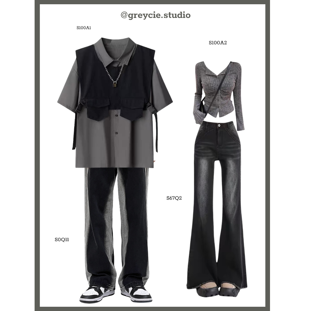 GREYCIE Set đồ đôi couple áo sơ mi gile quần ống rộng áo sơ mi xám đen ...