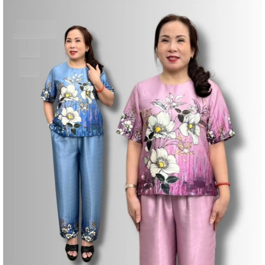 Đồ Bộ Trung Niên Lụa Quần Dài Áo Cổ Tròn Ngắn Họa Tiết 3D I Thời Trang ...