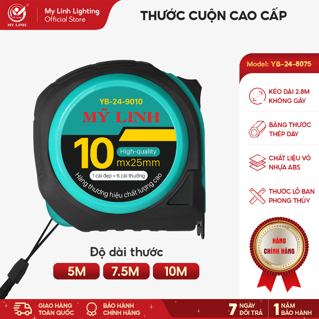 Thước cuộn, thước mét 5m 7.5m 10m - Thước mét Mỹ Linh cao cấp chính hãng 1 mặt 2 mặt đủ kích ...