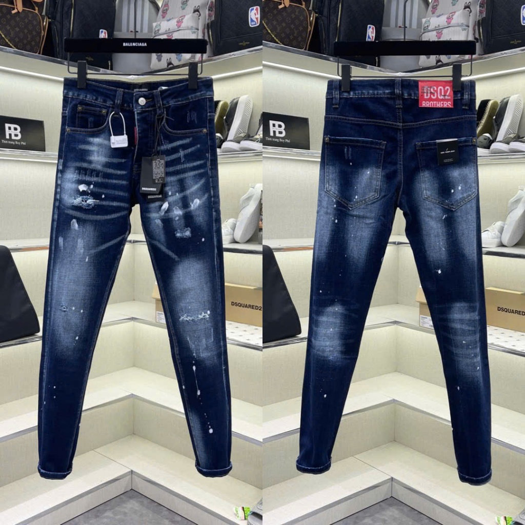 Quần jean bò nam DSQ slimfit wash xanh bạc loang rách tua sợi lót vải ...