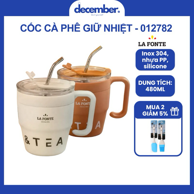 Cốc Cà Phê Giữ Nhiệt 480ml [Kèm Ống Hút Inox] LA FONTE - 012782 - Mugs Stainless Steel - Sus304 ...