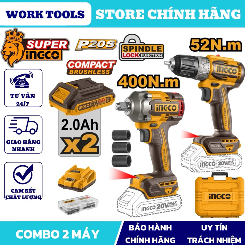INGCO Combo Máy khoan & máy siết bulong dùng pin 20V CKLI20271 | Shopee ...