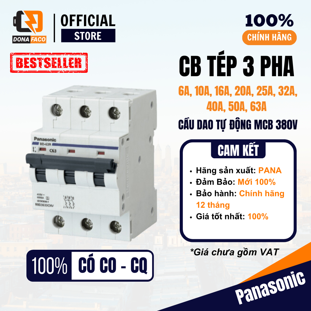 Panasonic Cầu dao MCB CB Aptomat Tự Động 3P 3 Pha 3 Tép 6A 10A 16A 20A 25A 32A 40A 50A 63A ...