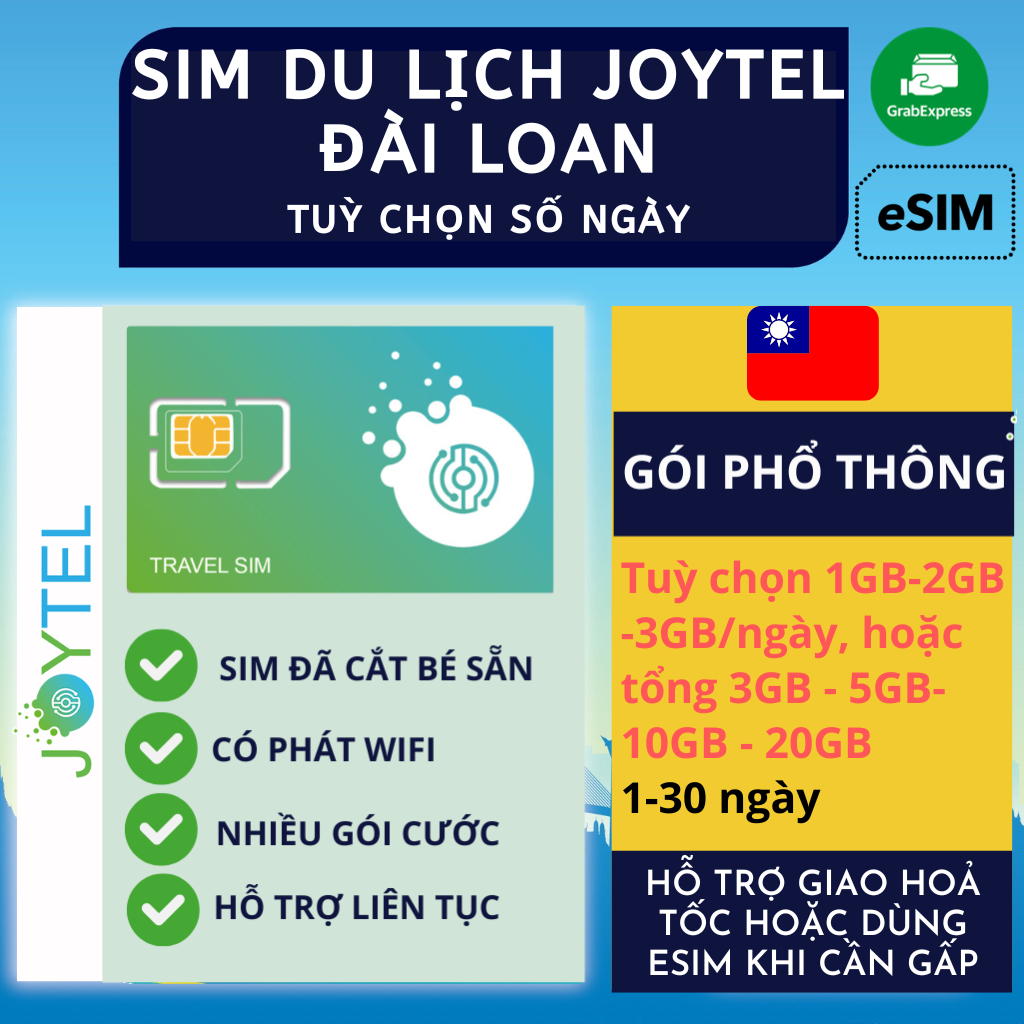 Sim du lịch Đài Loan JOYTEL tốc độ cao 4G dung lượng nhiều hỗ trợ giao ...