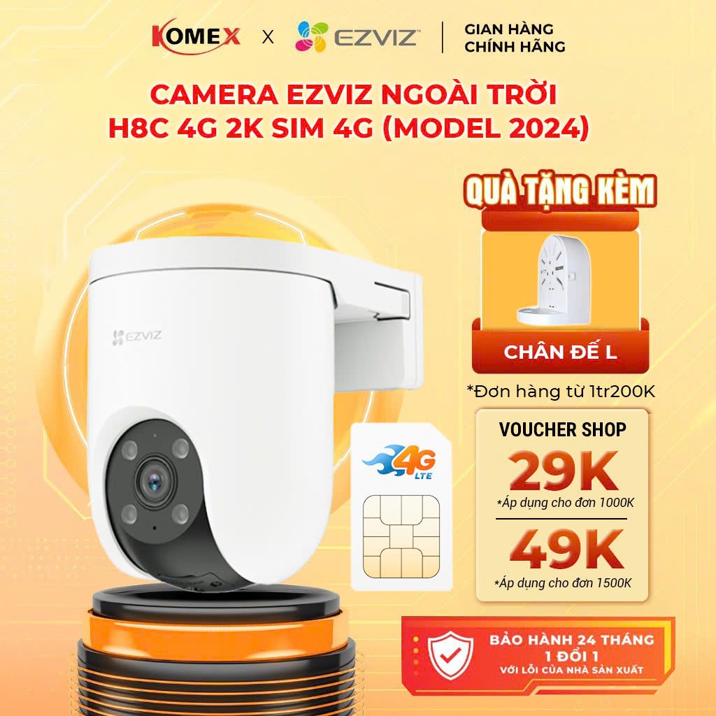 Camera EZVIZ ngoài trời H8C 4G 2K sử dụng sim 4G, màu ban đêm, đàm ...