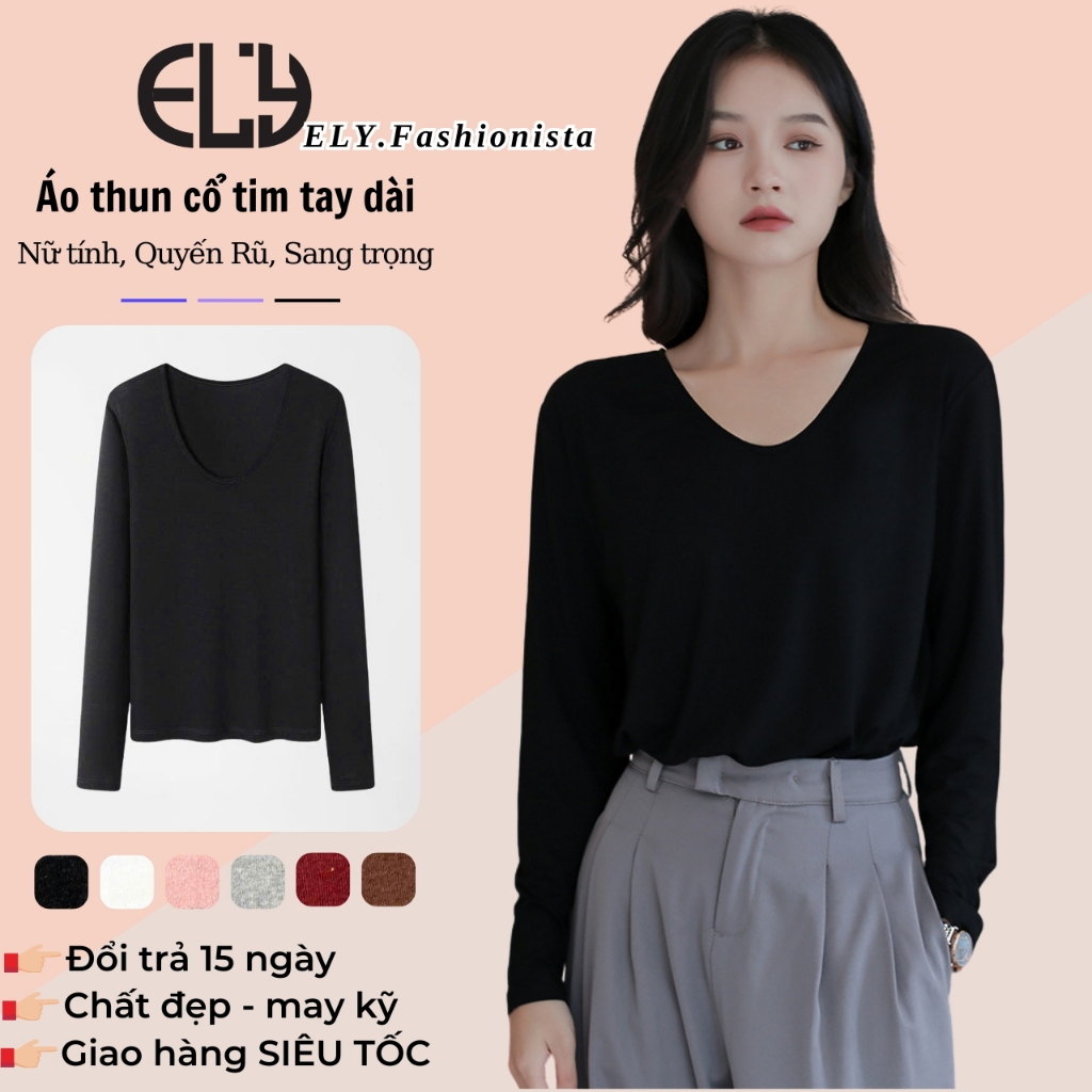 Áo phông nữ dài tay cổ tim ELY chất cotton dẻo cao cấp co giãn áo thun nữ tay dài thu đông ...