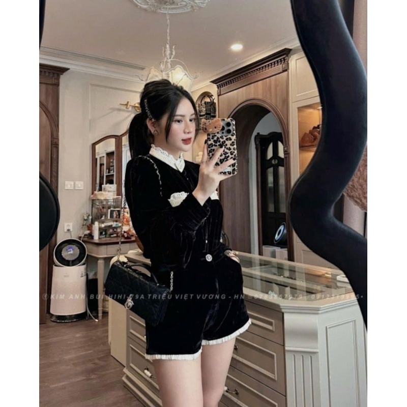 Set nhung đen mềm khuy ngọc phối ren cổ dựng | Shopee Việt Nam