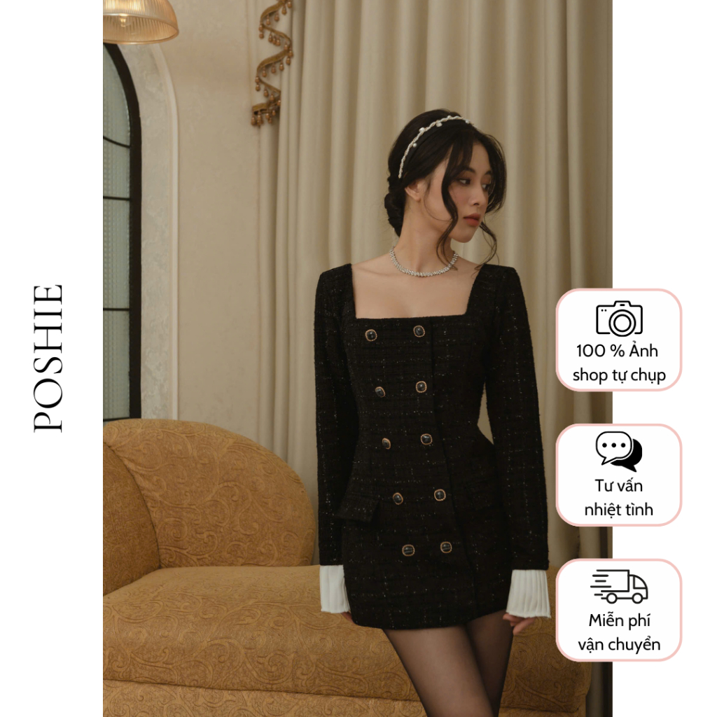 [POSHIE] Váy Tweed Đen Black Swan Dress Thiết Kế Cổ Vuông, Tay Xếp Ly ...