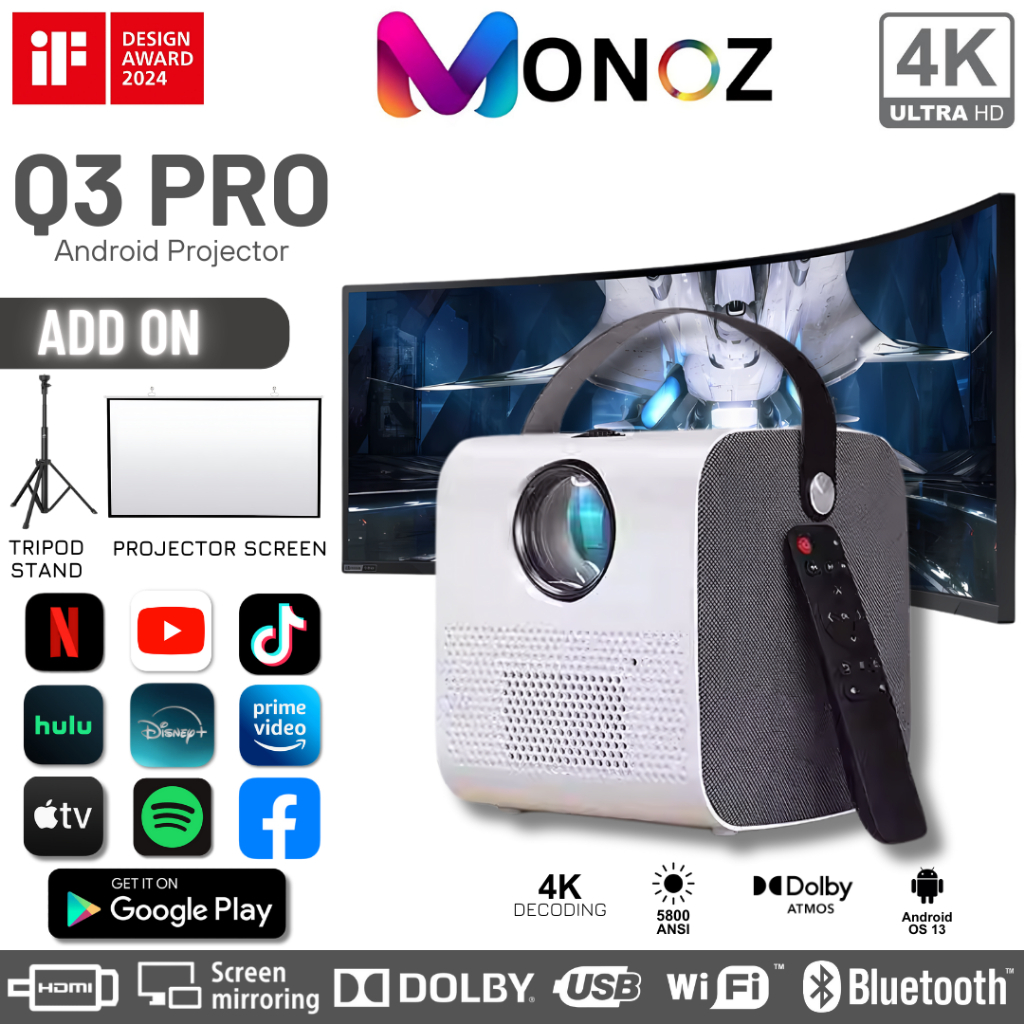 Máy chiếu MONOZ Q3 Pro Android Projector WIFI LED LCD 4K HD 1080p 8000 ...