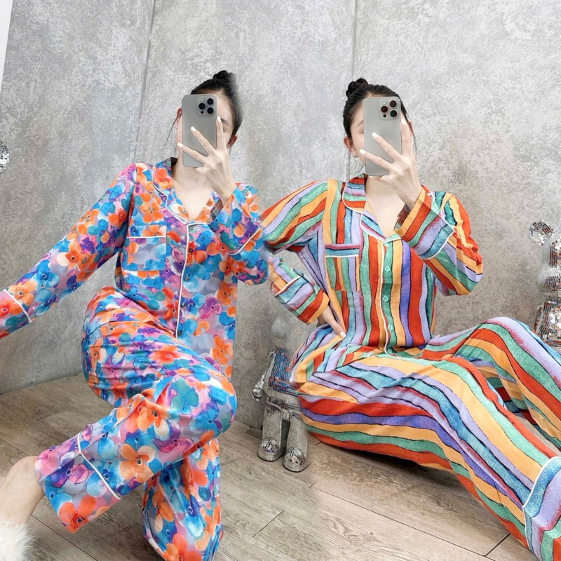 Bộ đồ Tole Lanh Pijama tay dài quần dài viền cổ F21 VNXK | Shopee Việt Nam