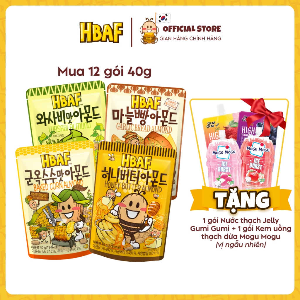 [MUA 12 GÓI TẶNG 1 GÓI THẠCH GUMI + 1 GÓI KEM UỐNG MOGU] Hạt Hạnh Nhân Tẩm Vị HBAF Hàn Quốc 40g ...