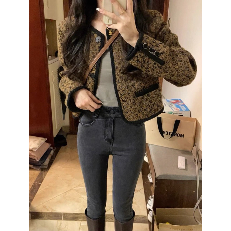 Áo khoác dạ tweed nâu xám phối viền đen mix cúc kim loaij quảng châu ...