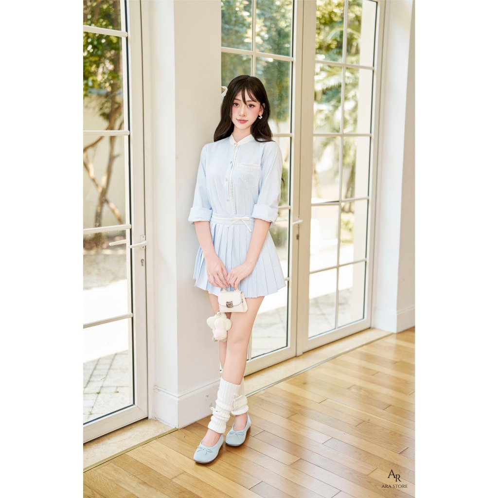 Ara - Set (Có tách set) Áo Al97 sơ mi kẻ và Chân váy CV41 xòe xếp li ...