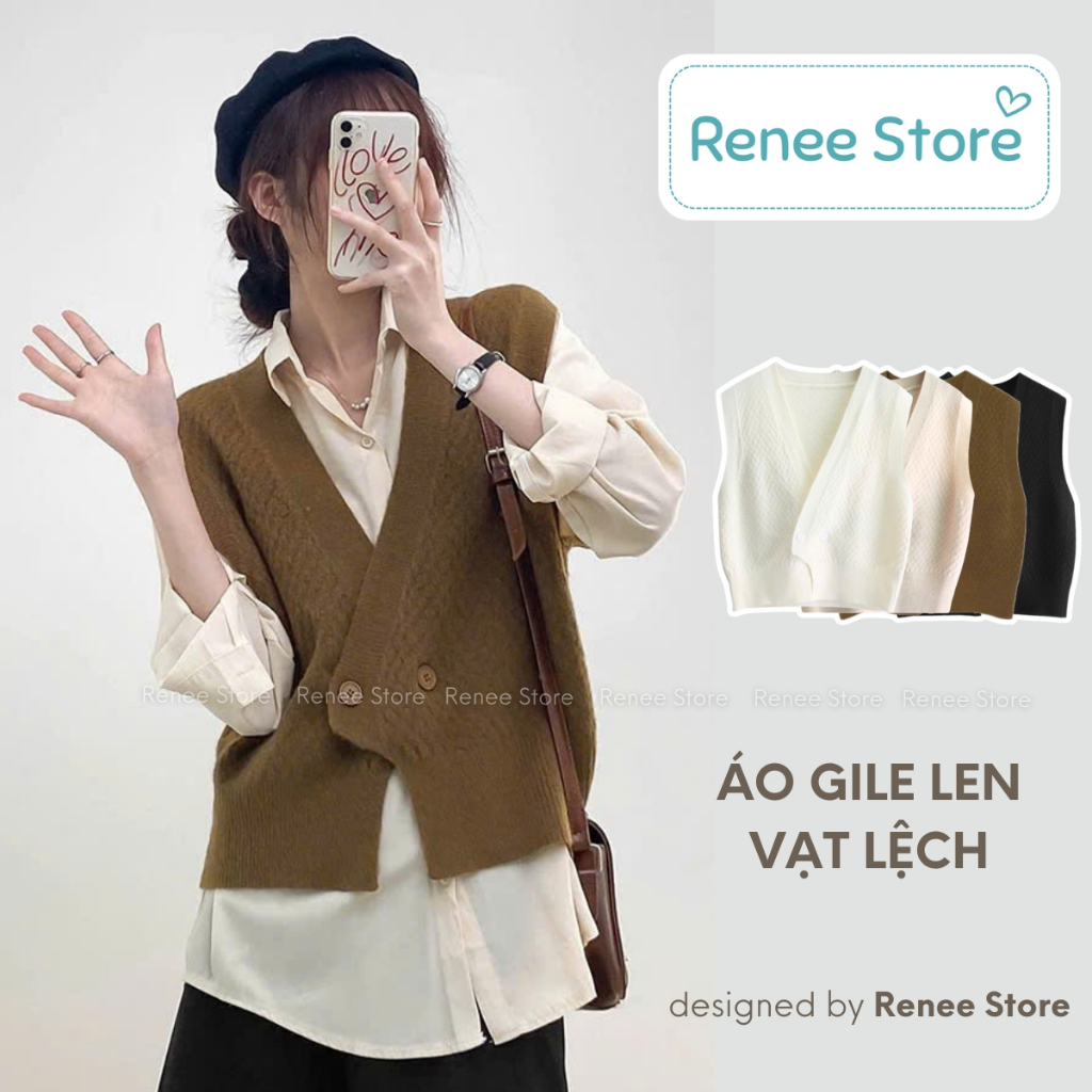 Áo gile len nữ 2 cúc, áo dệt kim ghile vạt lệch cá tính hàng Quảng Châu ...