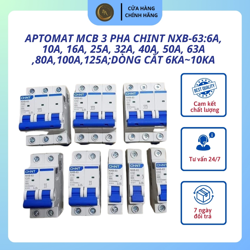 Aptomat MCB 3 Pha Chint NXB-63:6A, 10A, 16A, 25A, 32A, 40A, 50A, 63A ,80A,100A,125A;Dòng Cắt 6KA ...