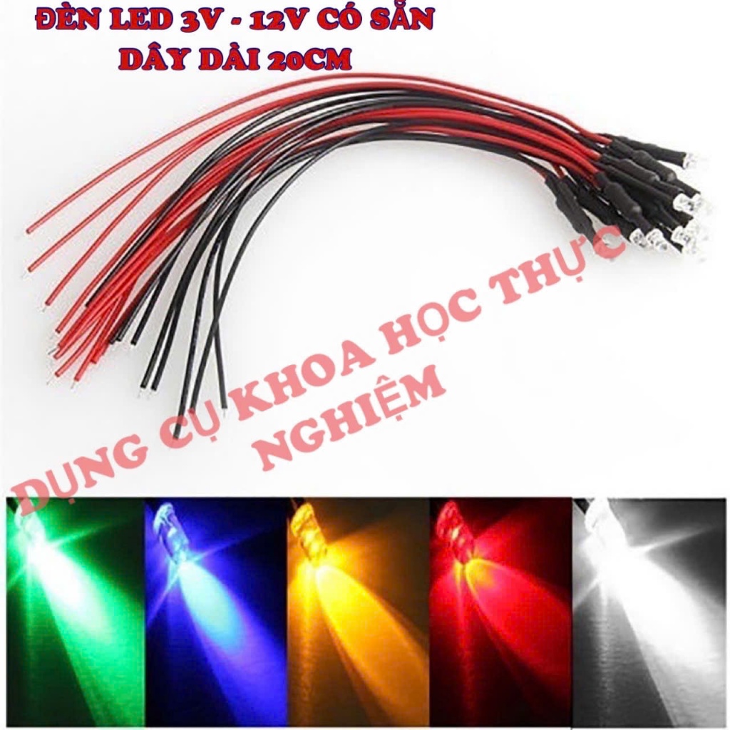 Bóng đèn LED có dây dài 20cm 3mm 5mm 3V 5V 9V 12V DC màu trắng xanh đỏ ...