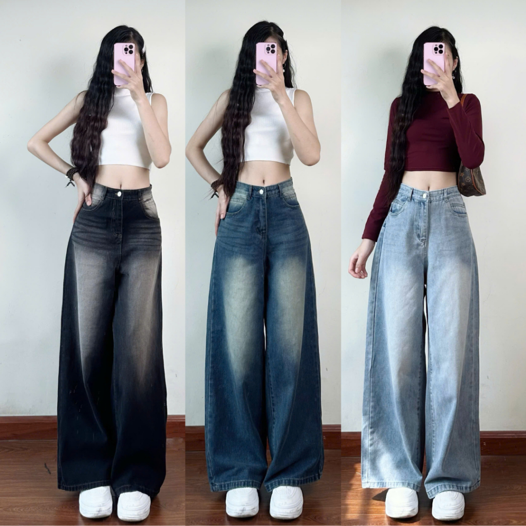 Quần jean nữ ống rộng cạp cao màu rêu RETRO quần bò suông jUNBOY ống đứng Vintage Hàn Quốc ...