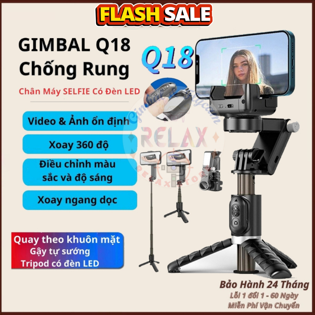 Gimbal Q18 tích hợp gậy chụp ảnh tripod selfie kéo dài, tay cầm chống rung điện thoại Q18 xoay ...