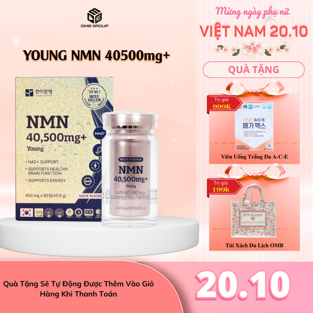 Viên uống Hàn Quốc PREMIUM YOUNG NMN 40500mg giúp trẻ hóa làn da, căng bóng hồng hào Hộp 90 viên ...