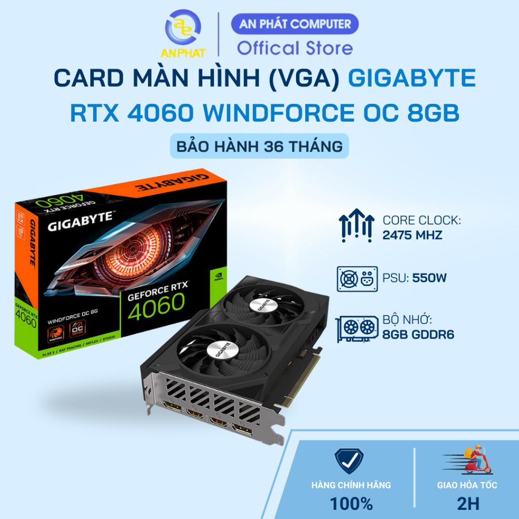 Card màn hình VGA Gigabyte RTX 4060 Windforce OC 8GB (N4060WF2OC_8GD ...