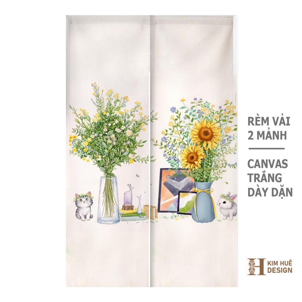 Rèm cửa noren 2 mảnh bình bông chất liệu canvas dày dặn trang trí nhà cửa, quán ăn Kim Huệ ...