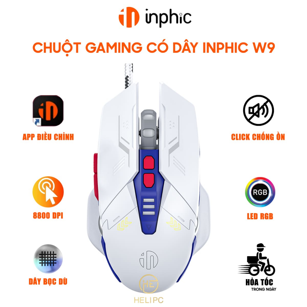Chuột có dây gaming Inphic W9 Gundam có App Led RGB 8800 DPI công thái ...