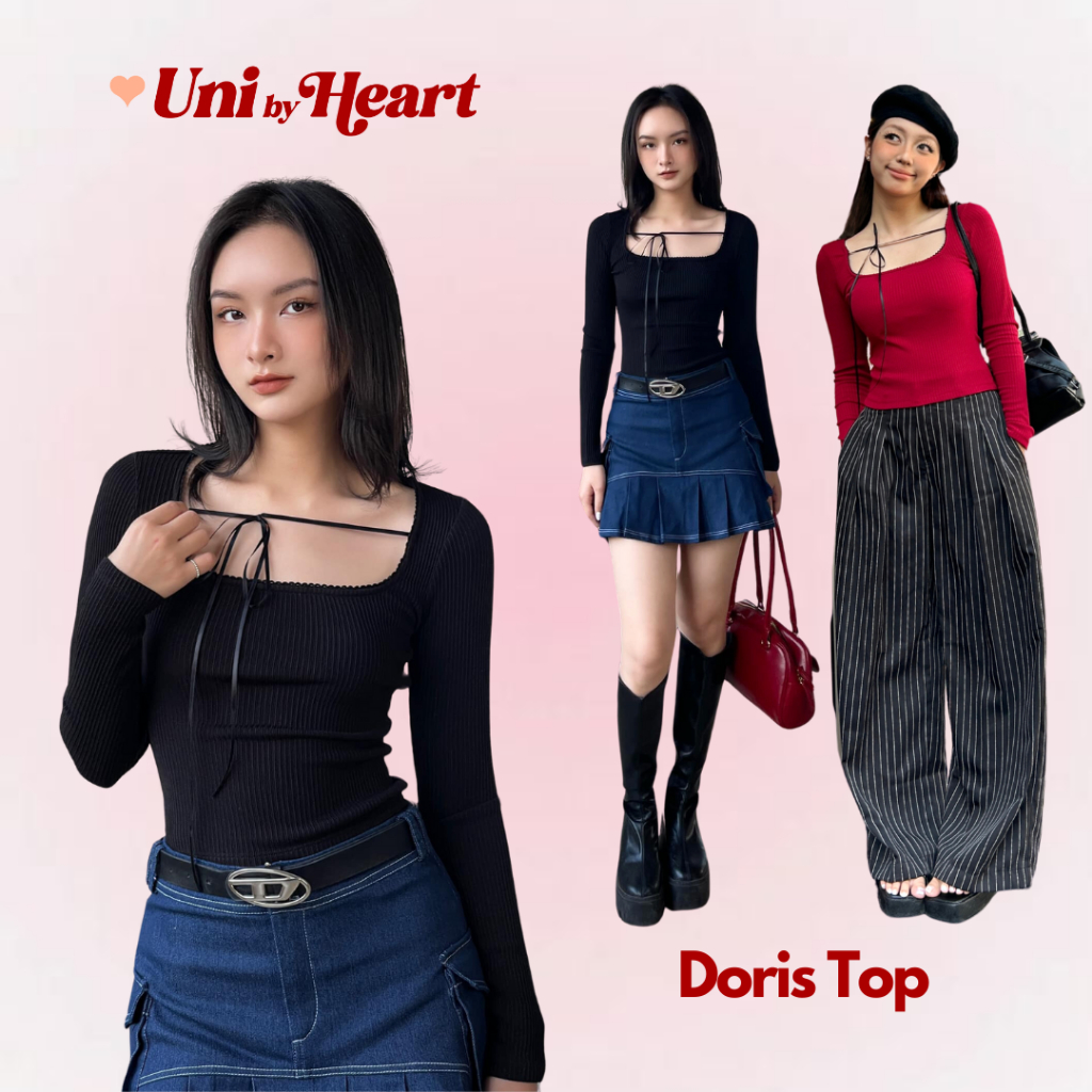 Áo thun gân Doris AGN05 cổ vuông phối ren, thắt nơ, dài tay ôm body ...