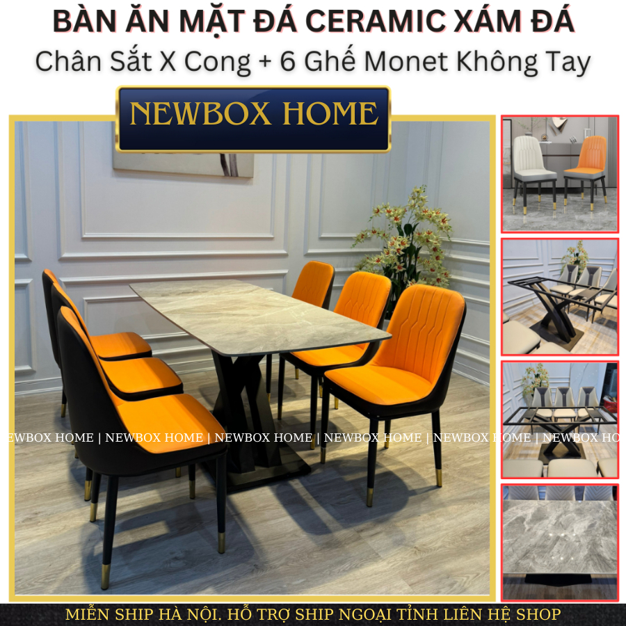 Bộ Bàn Ăn Mặt Đá Ceramic Xám Đá, Chân X Cong Phủ Sơn Đen Tĩnh Điện, Ghế Monet Không Tay Màu Cam ...