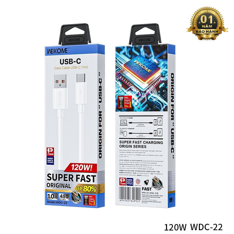 Cáp sạc nhanh typeC 120W Wekome WDC-22 truyền dữ liệu - hỗ trợ chuẩn VOOC, SuperVOOC, PD, QC ...
