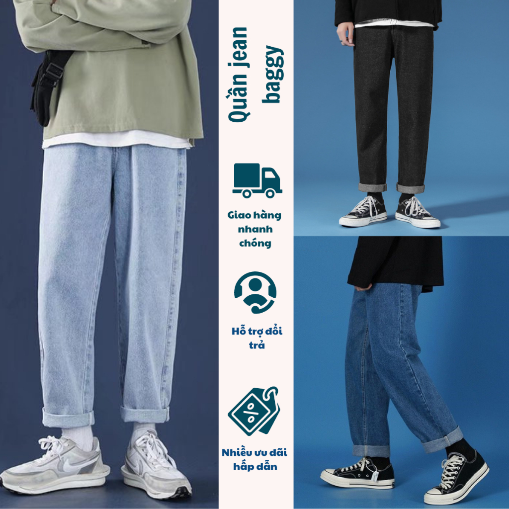 Quần jean nam dáng baggy FABUMAN ống suông cạp cao chất bò jean dày dặn ...