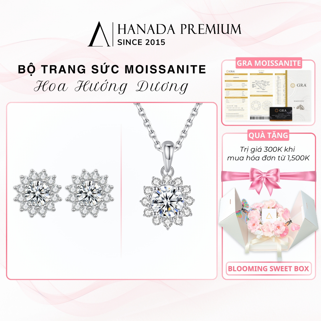 [CHỨNG NHẬN GRA] Bộ Trang Sức Kim Cương MOISSANITE Bạc 925 Hoa Hướng Dương, Bộ Quà Tặng Hanada ...