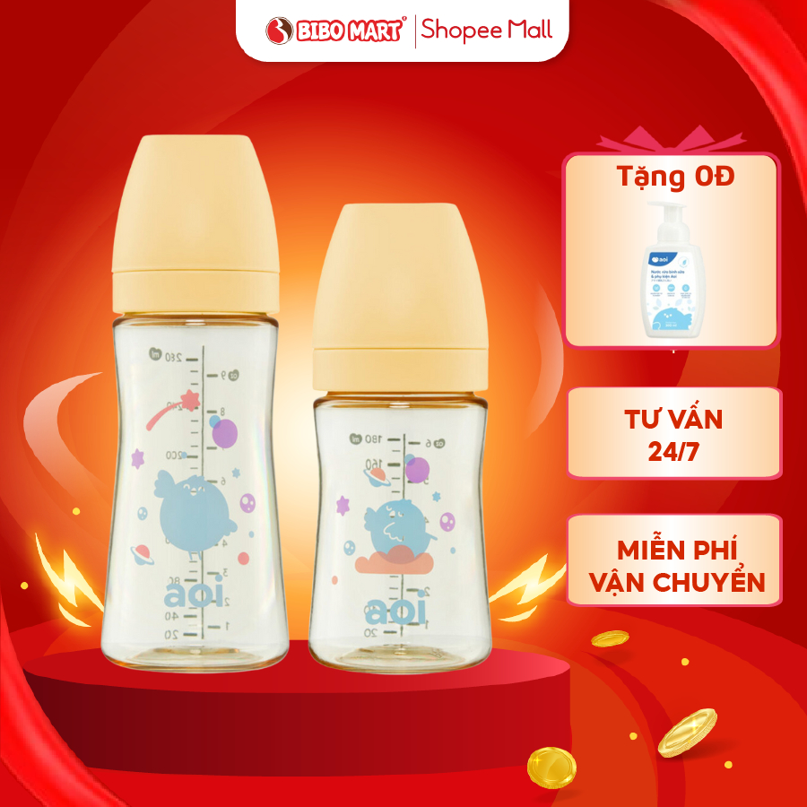 Bình Sữa AOI In Hình Vàng Nhựa PPSU Cao Cấp Núm Ti Silicon Mềm Mại An Toàn Cho Bé 180ml 280ml ...
