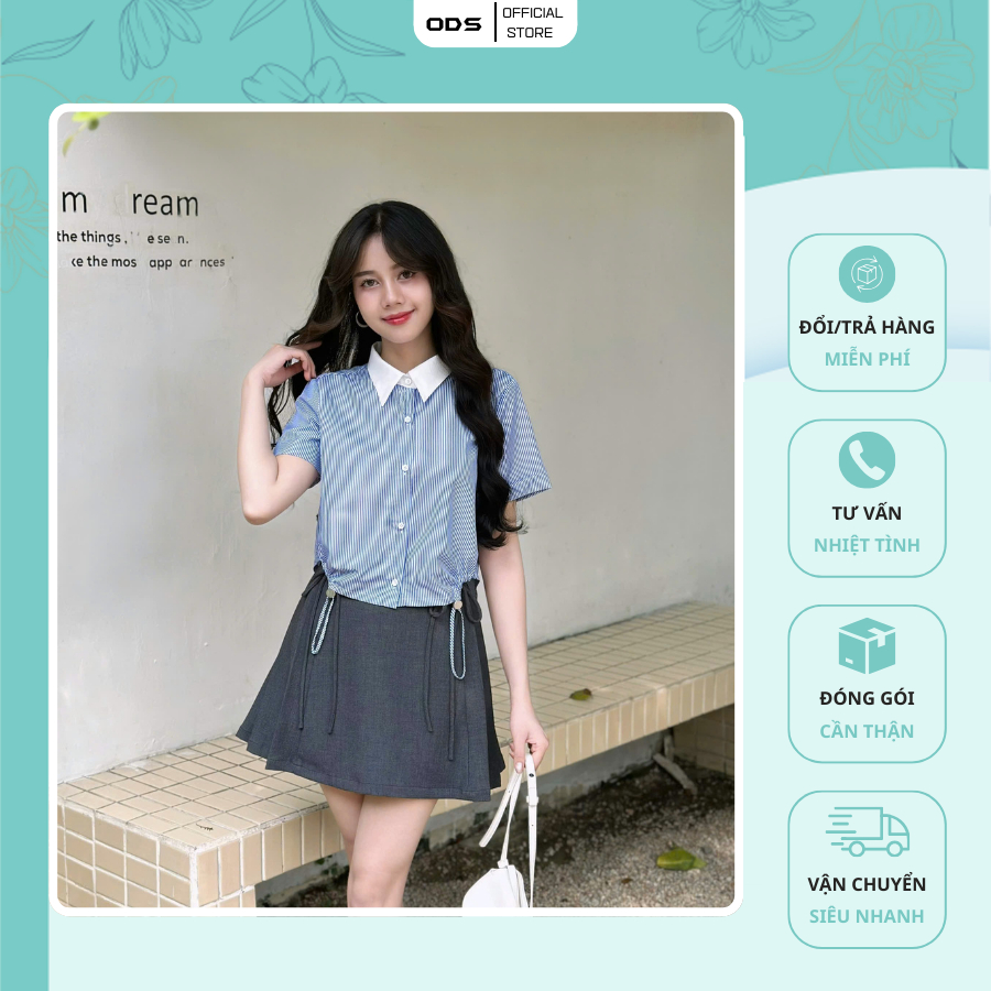 Áo sọc xanh trắng ODS thiết kế cổ sơ mi trắng, tay ngắn, lai áo rút dây ...