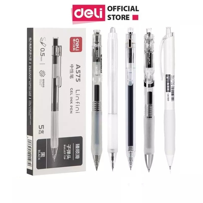 COMBO 5 BÚT GEL ĐEN DELI 0.5MM. BAO GỒM 5 MẪU BÚT A575, A057B, S60 ...