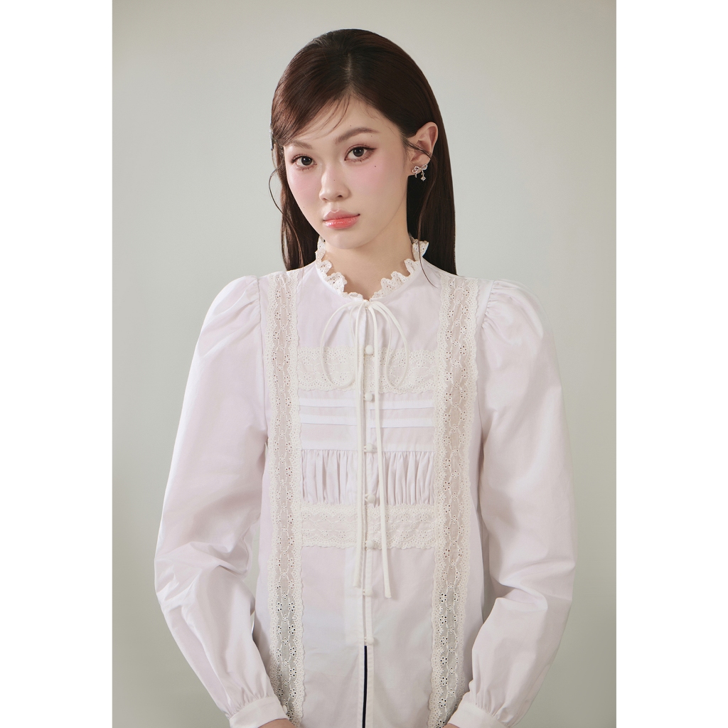 Áo sơmi dài tay Lily shirt by Khales tay bồng hoạ tiết viền ren xếp li ...