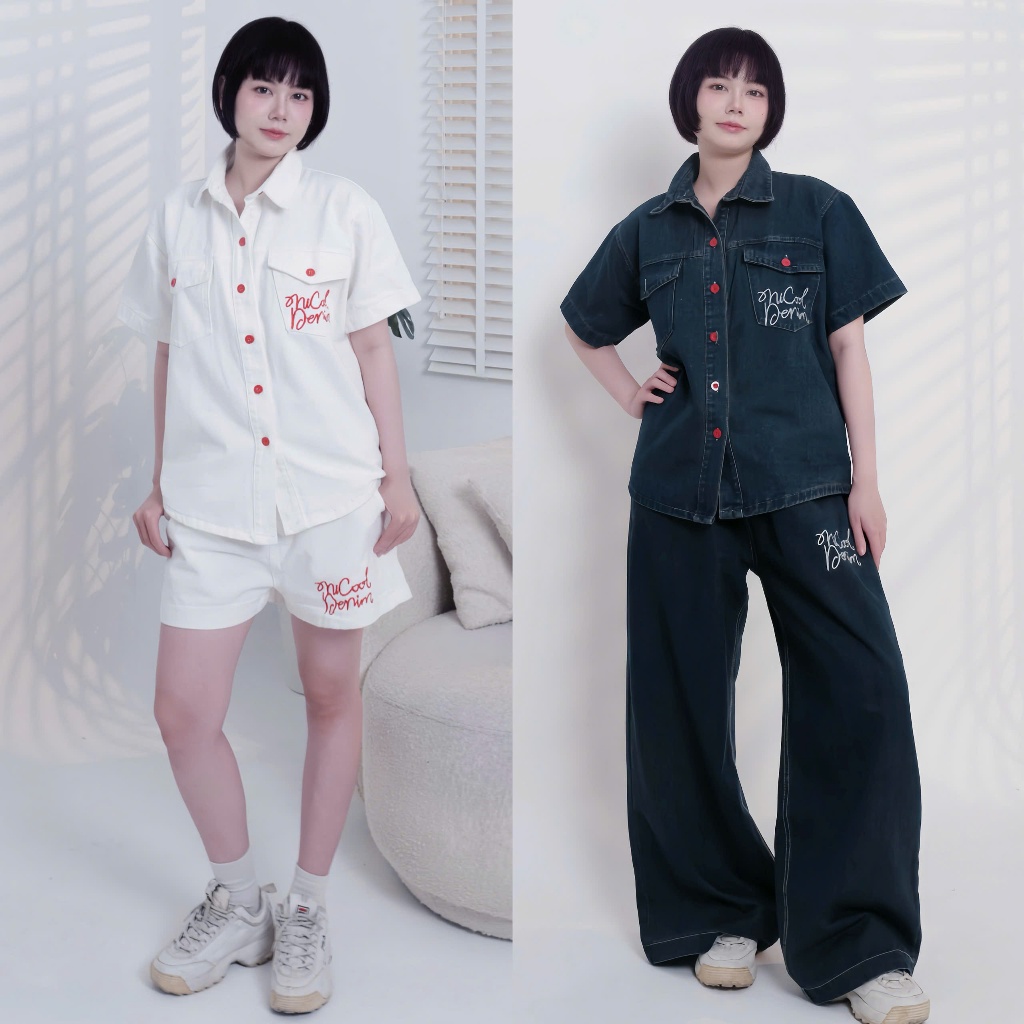 Set Jean Nữ NICOOL Form Rộng Thêu chữ nổi, Set Denim áo sơ mi, quần Short, quần Dài, Cạp Chun ...