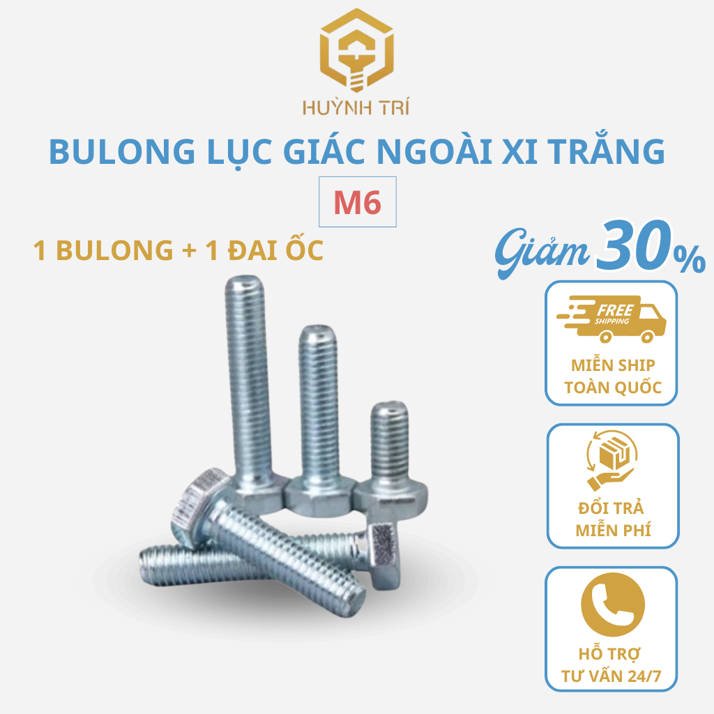 Bulong lục giác ngoài xi trắng M6 (Bộ gồm 1 bulong + 1 đai ốc) size từ ...