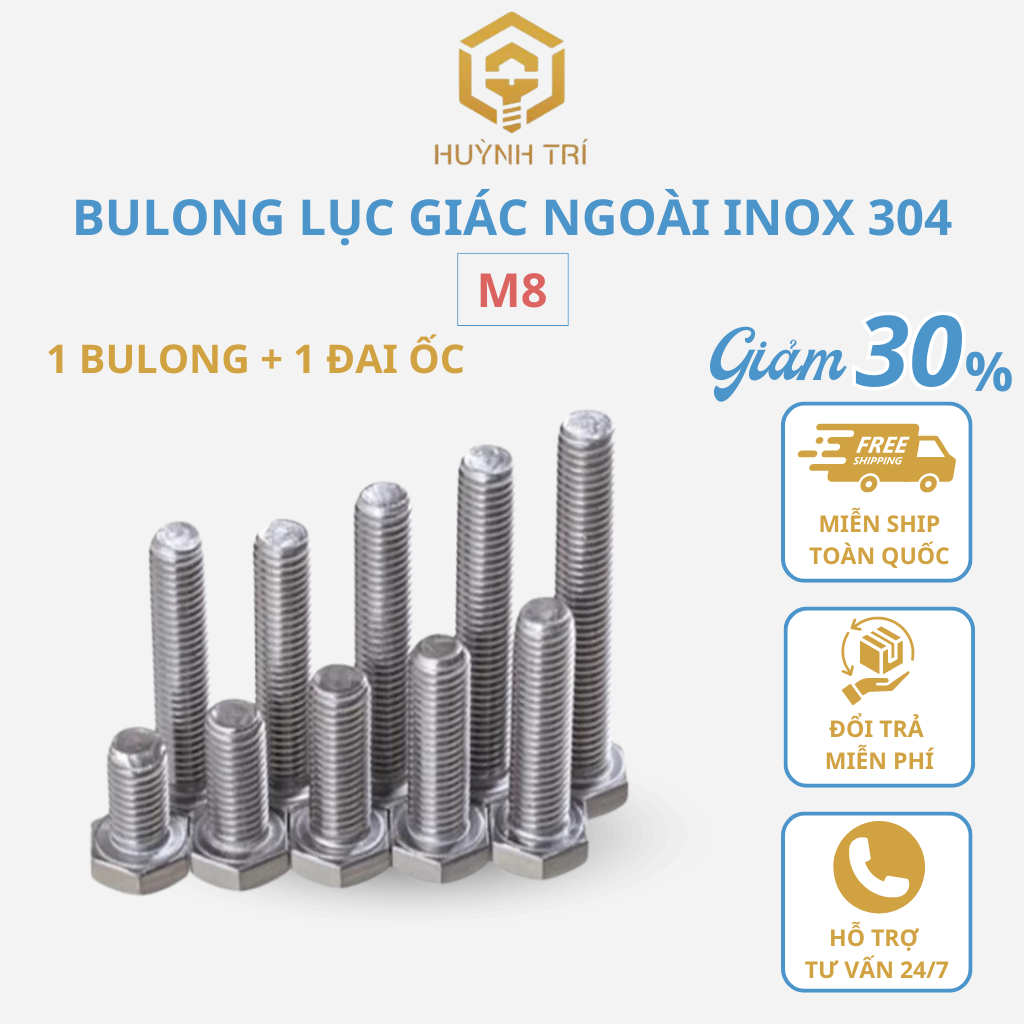Bulong lục giác ngoài INOX 304 M8 (Bộ gồm 1 bulong + 1 đai ốc) size 20mm - 100mm | Shopee Việt Nam