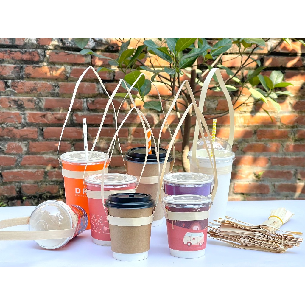 100 quai xách ly giấy, quai ly lá cây túi chữ T đựng cafe lá cây dẻo ...