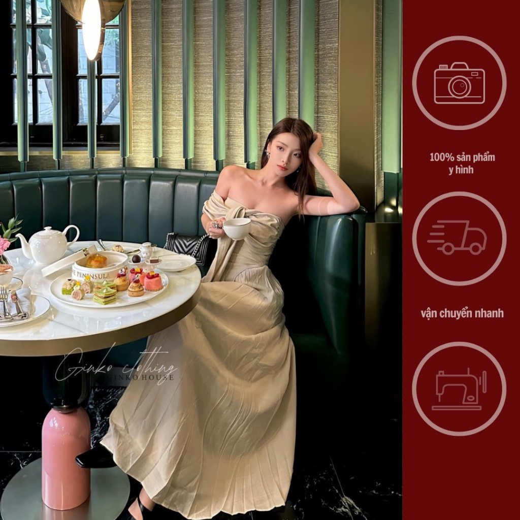 GINKO CLOTHING_Váy nữ thần lệch vai tôn dáng, tà bay nhẹ nhàng dáng ...