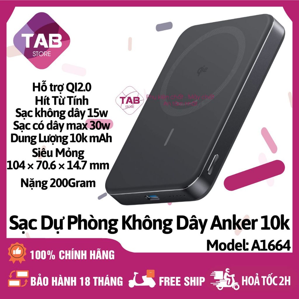 Sạc Dự Phòng Không Dây Anker Maggo 10.000mAh QI2.0 Slim Hít Từ Tính - A1664 (Bảo Hành 18T ...
