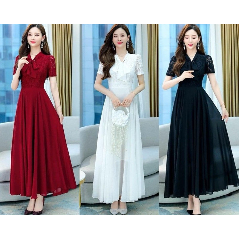 ĐẦM XOÈ CỔ V THẮT NƠ NHÚN EO TAY NGĂN PHỐI REN HOA | Shopee Việt Nam