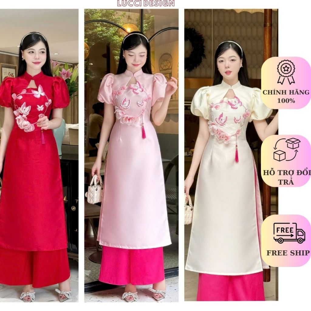 Áo dài cách tân Hoa Điệp 3 màu, vải tafta, đính kết cao cấp by Lucci ...