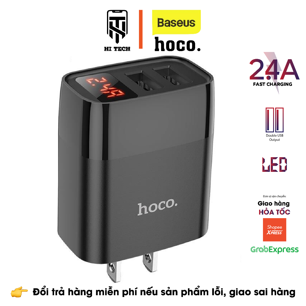Củ sạc nhanh HOCO C86, sạc nhanh 2.4A 2 cổng đầu ra USB, có màn hình ...