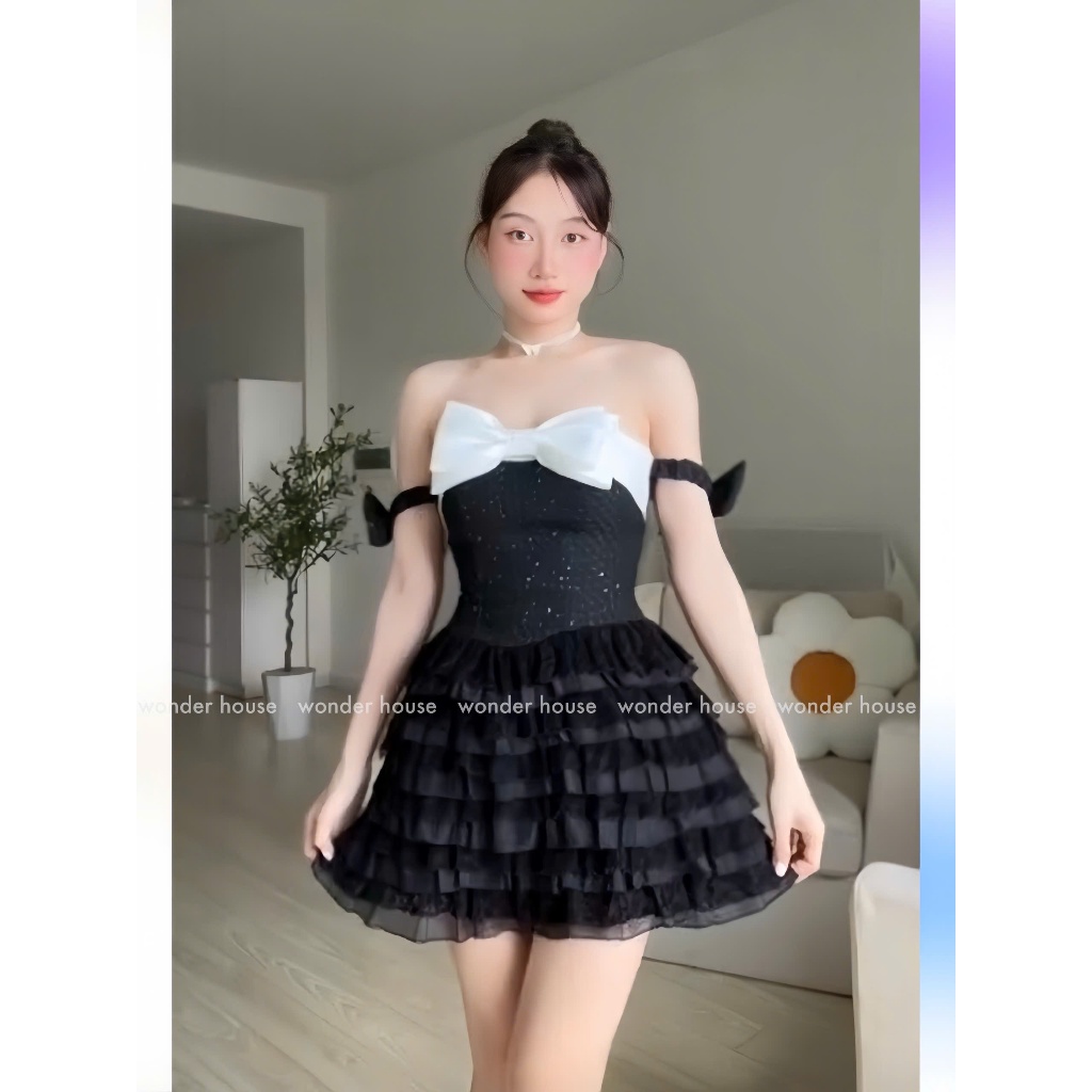 Tweedie Dress Wonderhouse Đầm trễ vai cup ngực dáng xòe tiểu thư chất vải dày sang trọng dự tiệc ...