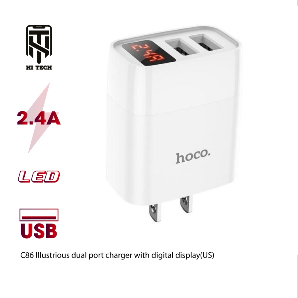 Củ sạc nhanh hoco C86 2 cổng USB kèm đèn LEB, hỗ trợ sạc nhanh 2.4A cốc ...