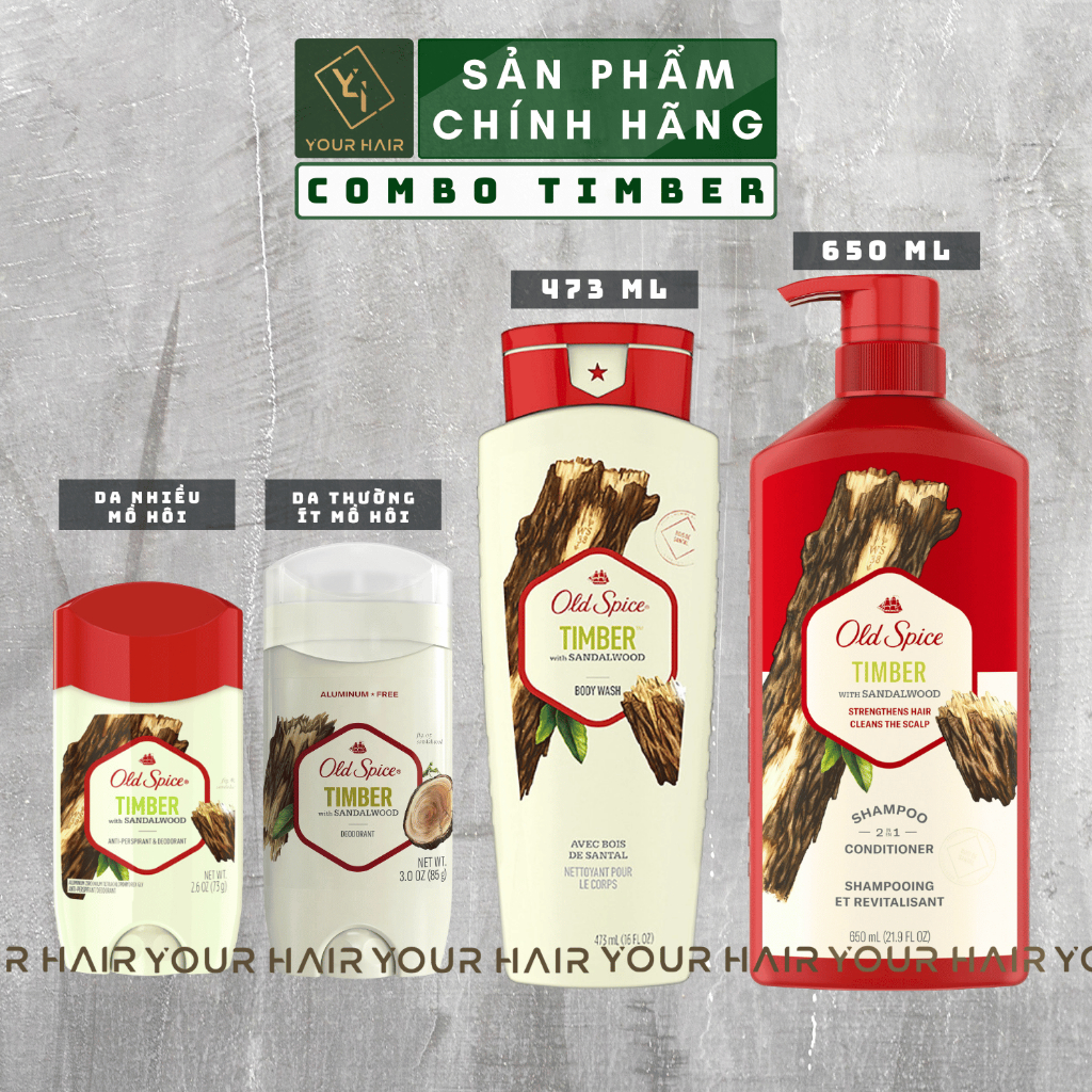 COMBO Timber | Lăn khử mùi 73g - Sữa tắm 473ml - Gội xả 2in1 650ml ...