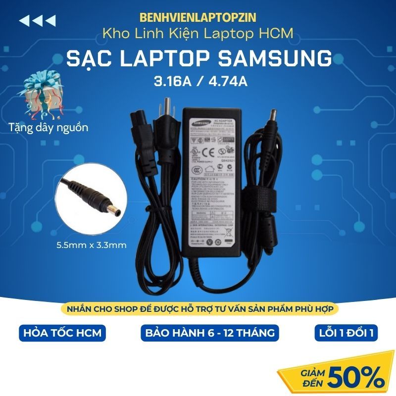Sạc laptop samsung 19V, 3.16A - 4.74A Đầu 5.5mm X 3.0mm, Tặng kèm dây ...