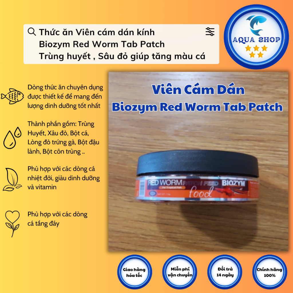 Thức ăn Viên cám dán kính Biozym Red Worm Tab Patch Trùng huyết , Sâu đỏ giúp tăng màu cá cực ...